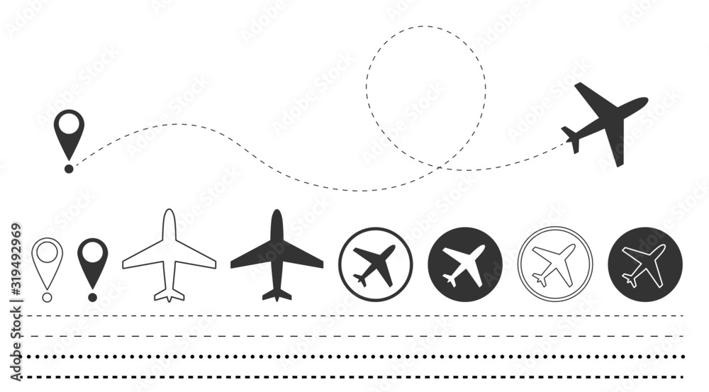 Airplane line path vector icon of air plane flight route with start ...