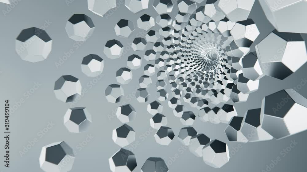 Abstract technology dodecahedron tunnel. Seamless loop render. Silver ...
