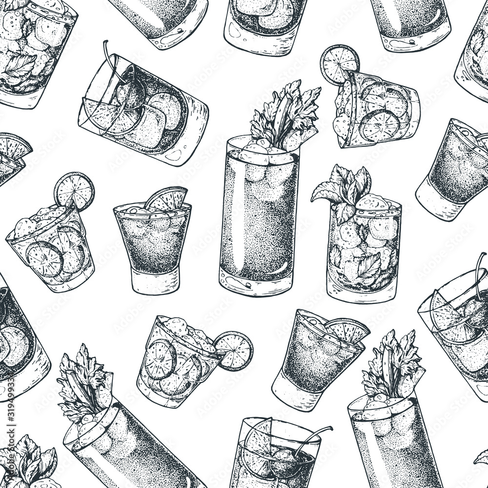 Cocktails hand drawn seamless pattern. Vector illustration. Alcoholic ...