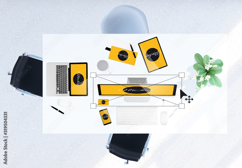 Desk with Devices and Decorations Scene Creator Mockup Stock Template ...