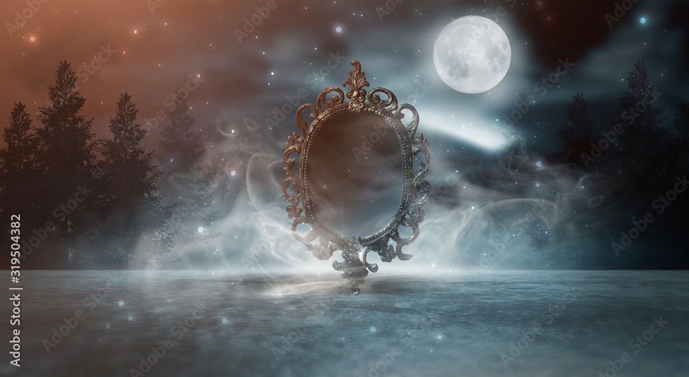 Dark forest, magic mirror. Night view, smoke, smog, neon light, moon ...