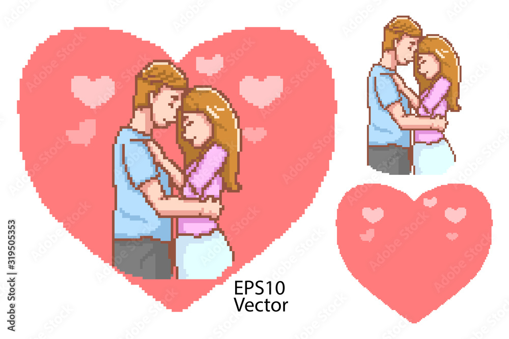 vector pixel art love couple are hugging on heart symbol, couple ...