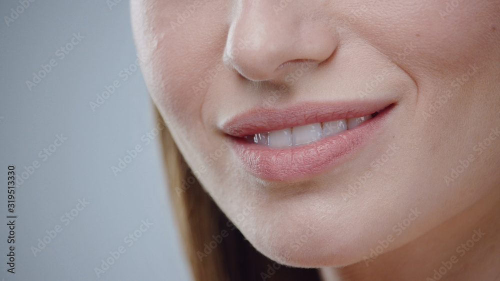 Close up young woman mouth smiling happy beautiful soft lips showing ...