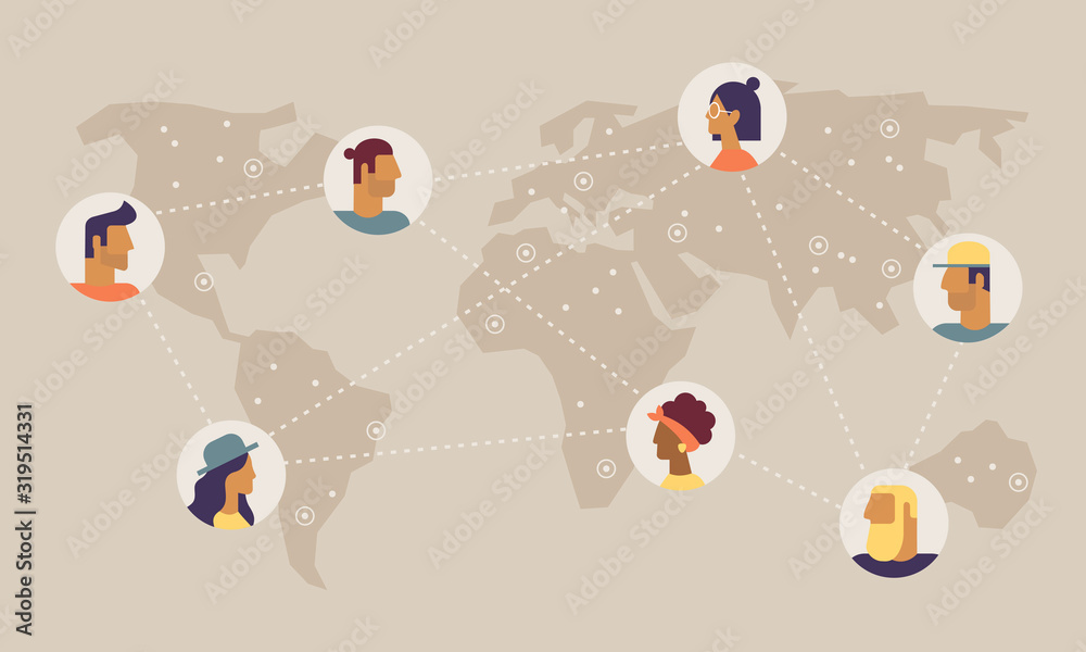 Map of world with photos of people. International relations between ...