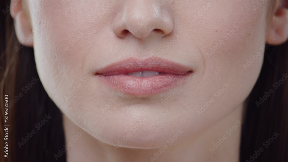 Close up woman mouth smiling happy beautiful soft lips teeth perfect ...