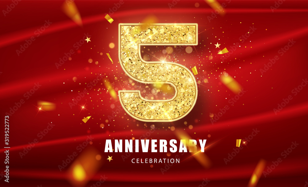 5th Anniversary celebration. Golden glitter numbers with sparkling ...