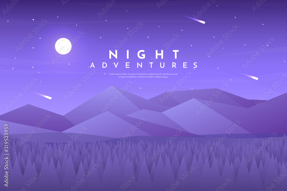 Vector illustration. Night scene with moonlight. Minimalist flat ...