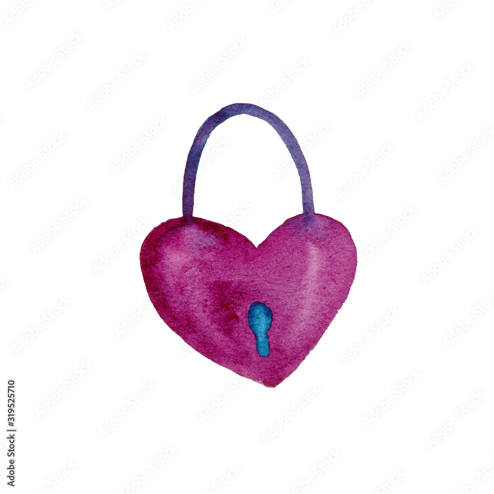 A watercolor lock with a keyhole in heart shape of turquoise and purple ...