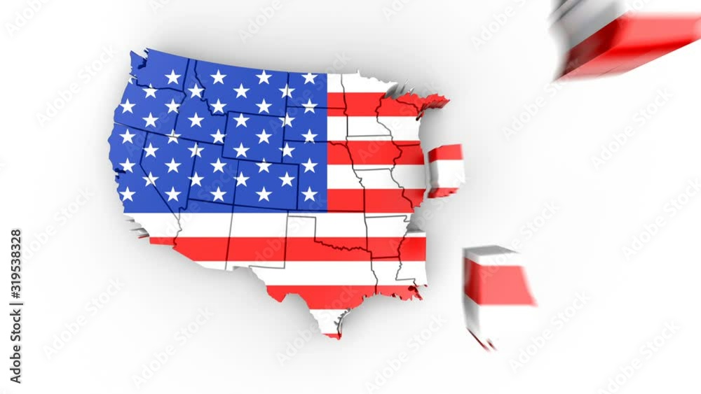Map of USA with flag, top view. Formed by individual states falling ...