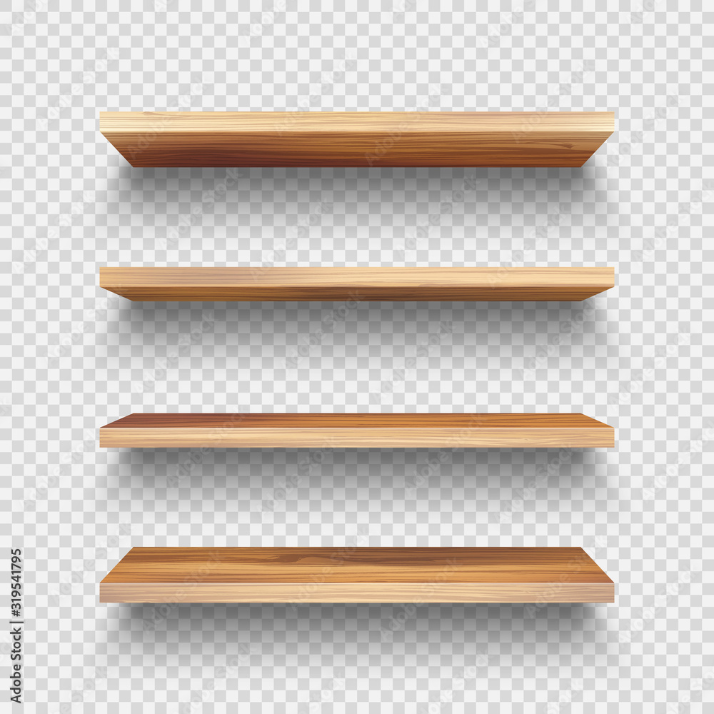 Realistic empty wooden store shelves set. Product shelf with wood ...