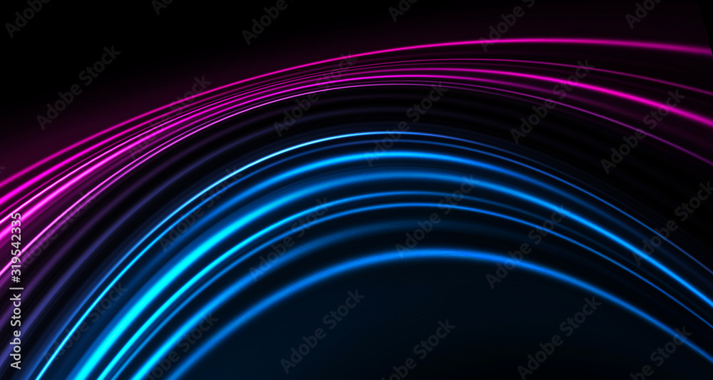 Dark background, blue and pink neon lines. Symmetric reflection of ...