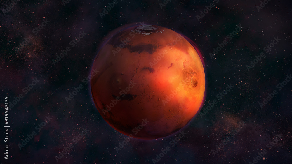 Planet Mars from space with a view of Elysium Mons and Olympus Mons ...