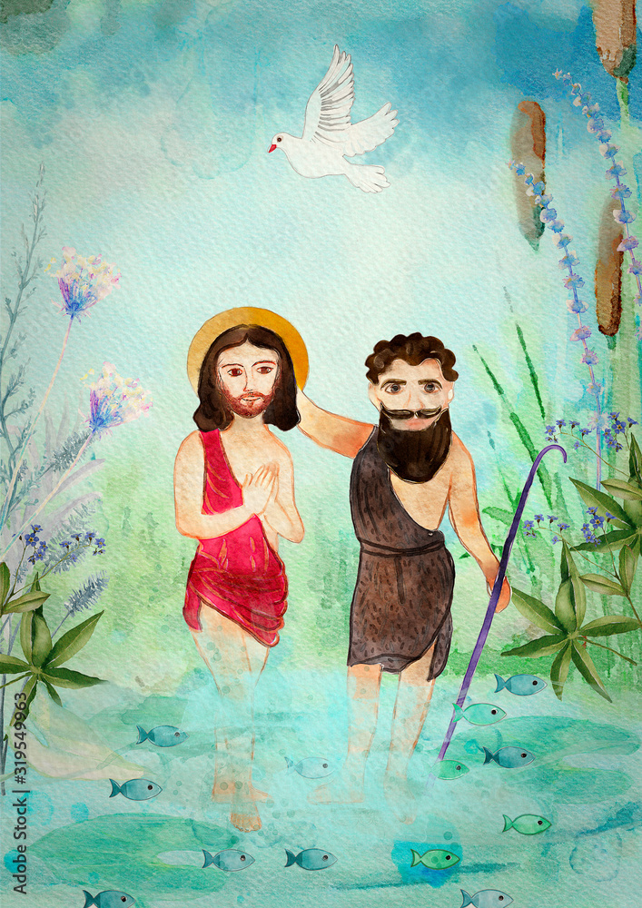 Jesus Baptism. Christian background for children, watercolor Stock ...