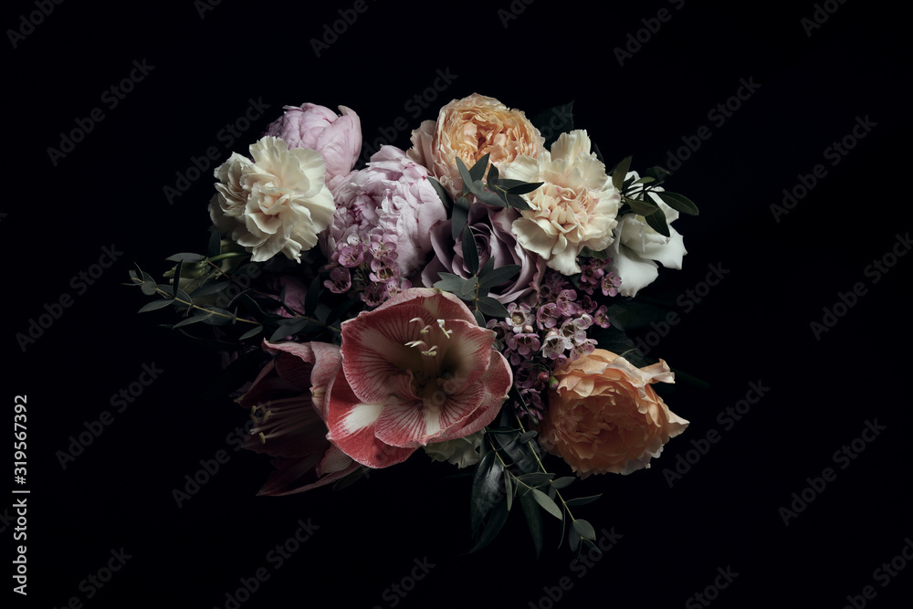 Beautiful bouquet of different flowers on black background. Floral card ...