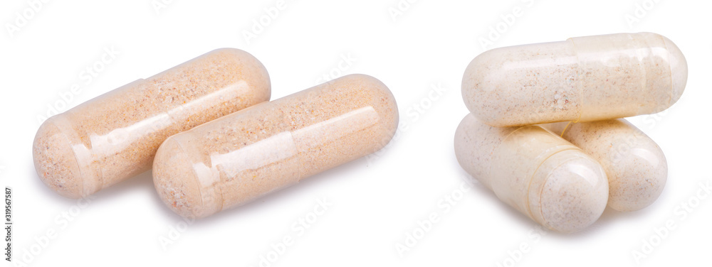 Transparent gelatine capsules with powder, isolated on white background ...