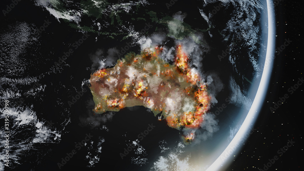 Map of Australia in fire from space; 3D visualization of ecological ...