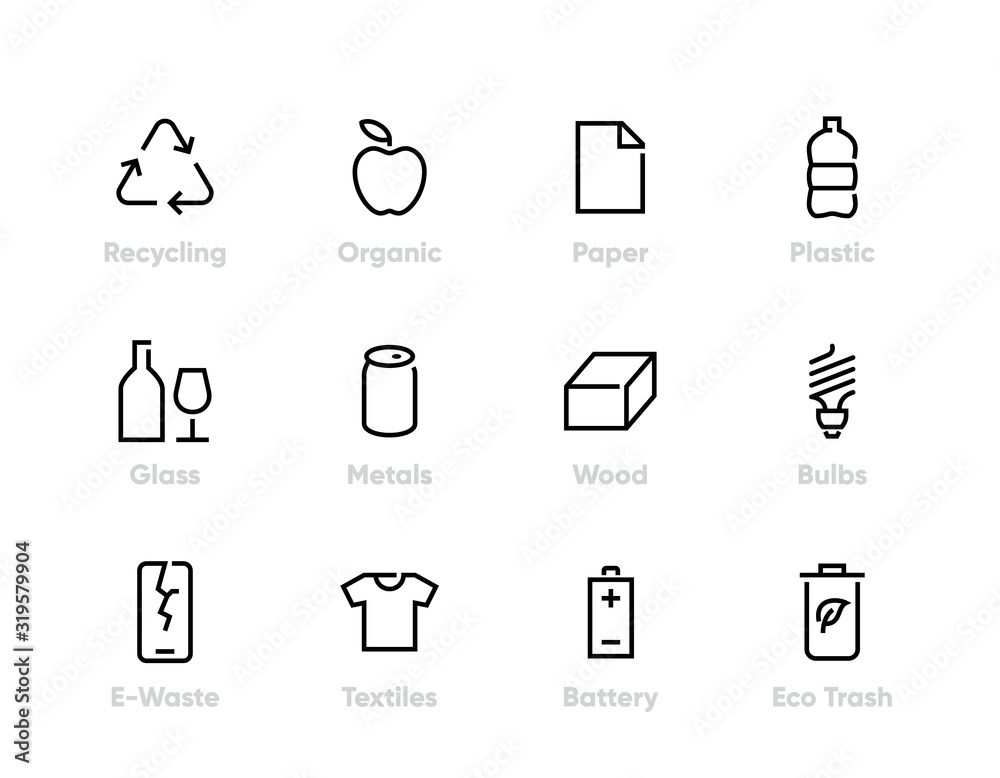 Recycling vector icons. Sorting Garbage, Reclamation, Trash Types ...