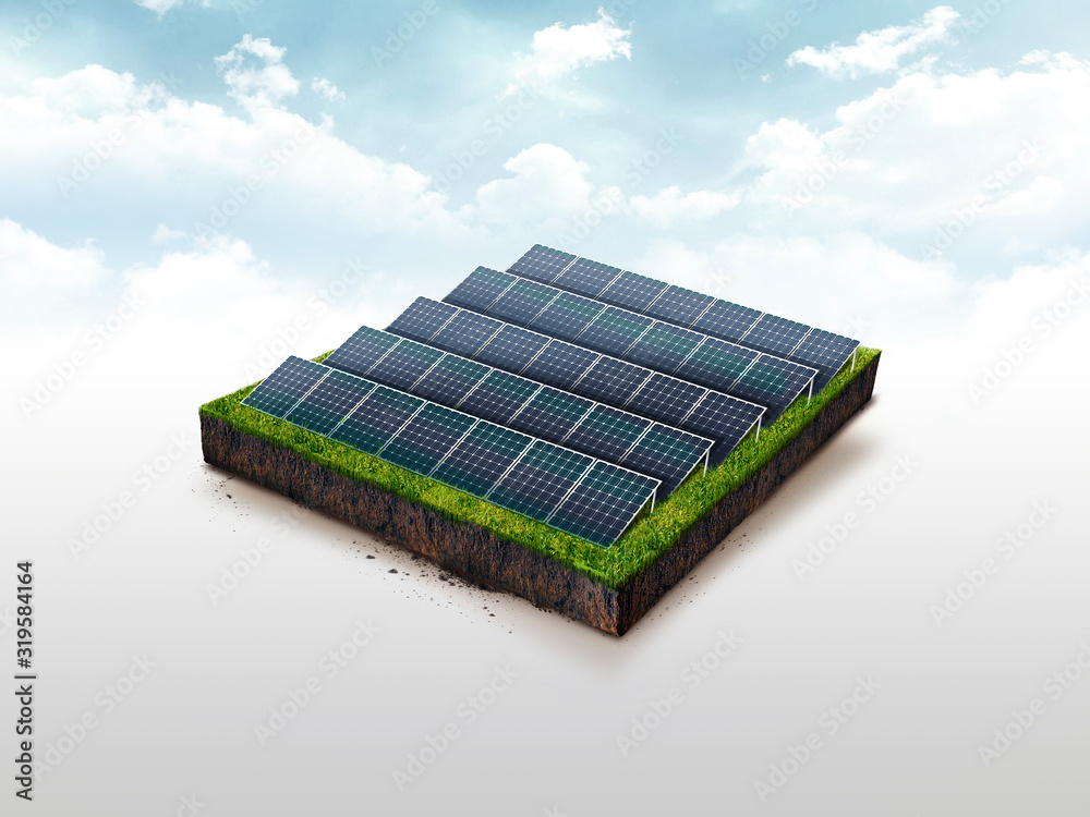 Ecological energy. Cross section of ground with solar panels. 3d ...
