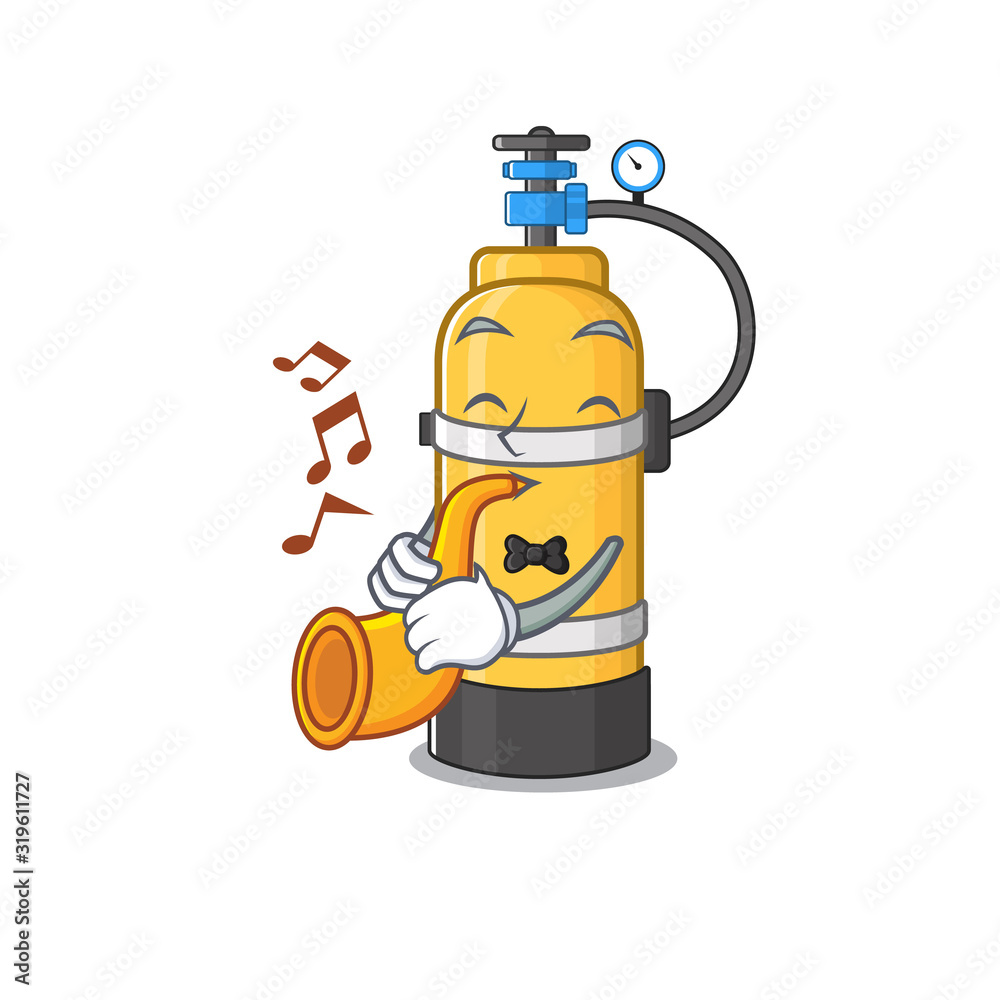 cartoon character style of oxygen cylinder performance with trumpet ...