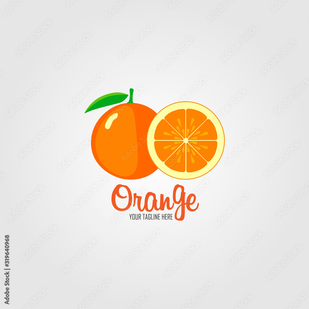 Orange with leaves whole and slices of oranges. Flat vector ...