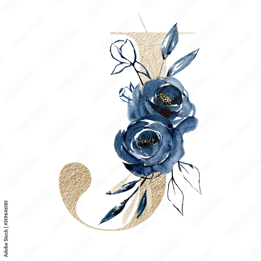 Gold letter j decorated with watercolor bloom of blue roses. Isolated ...