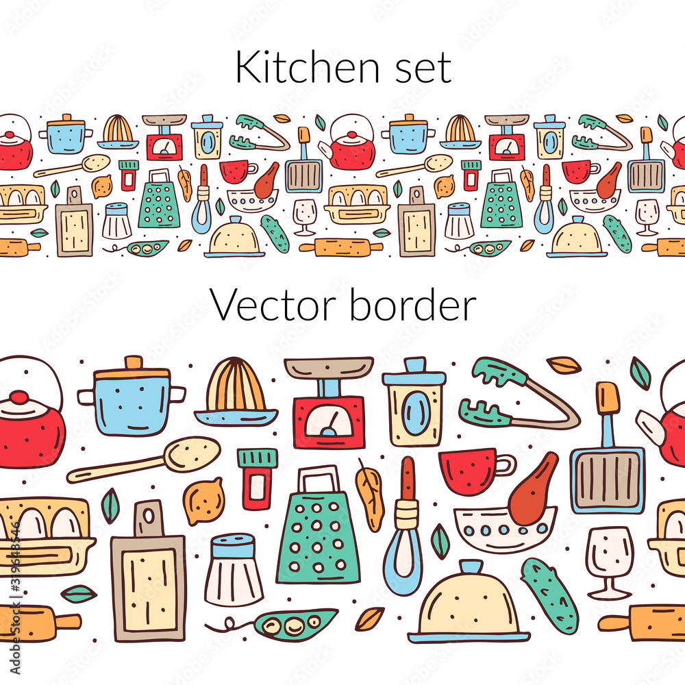 Kitchen elements cute doodle hand drawn cartoon vector seamless border ...