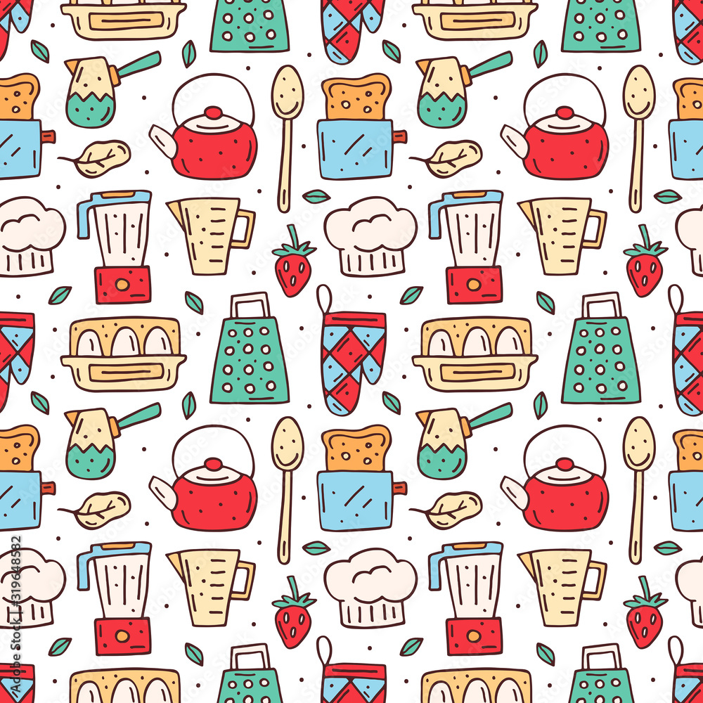 Kitchen elements cute doodle hand drawn cartoon vector seamless pattern ...