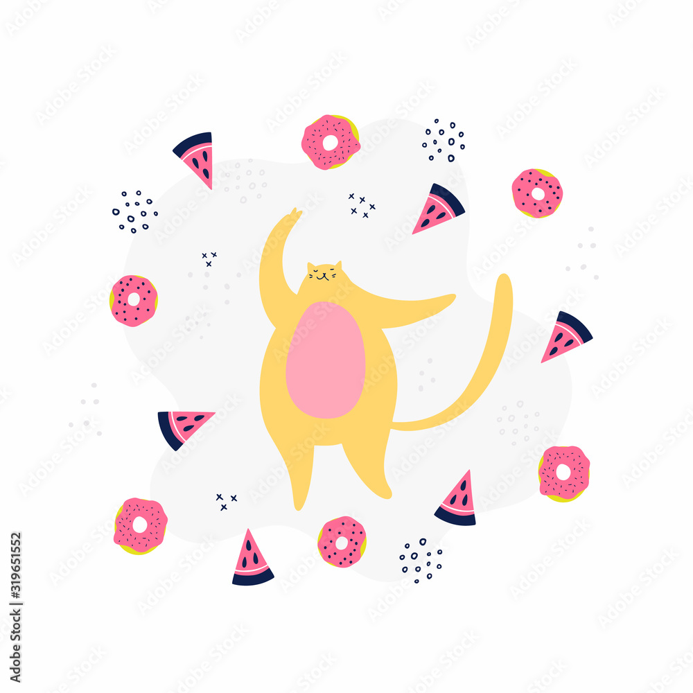 Cute dancing cat around sweets: donuts and watermelon. Not dietary ...