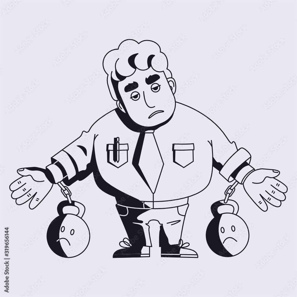 Vetor de Office worker's hands are shackled, professional burnout ...