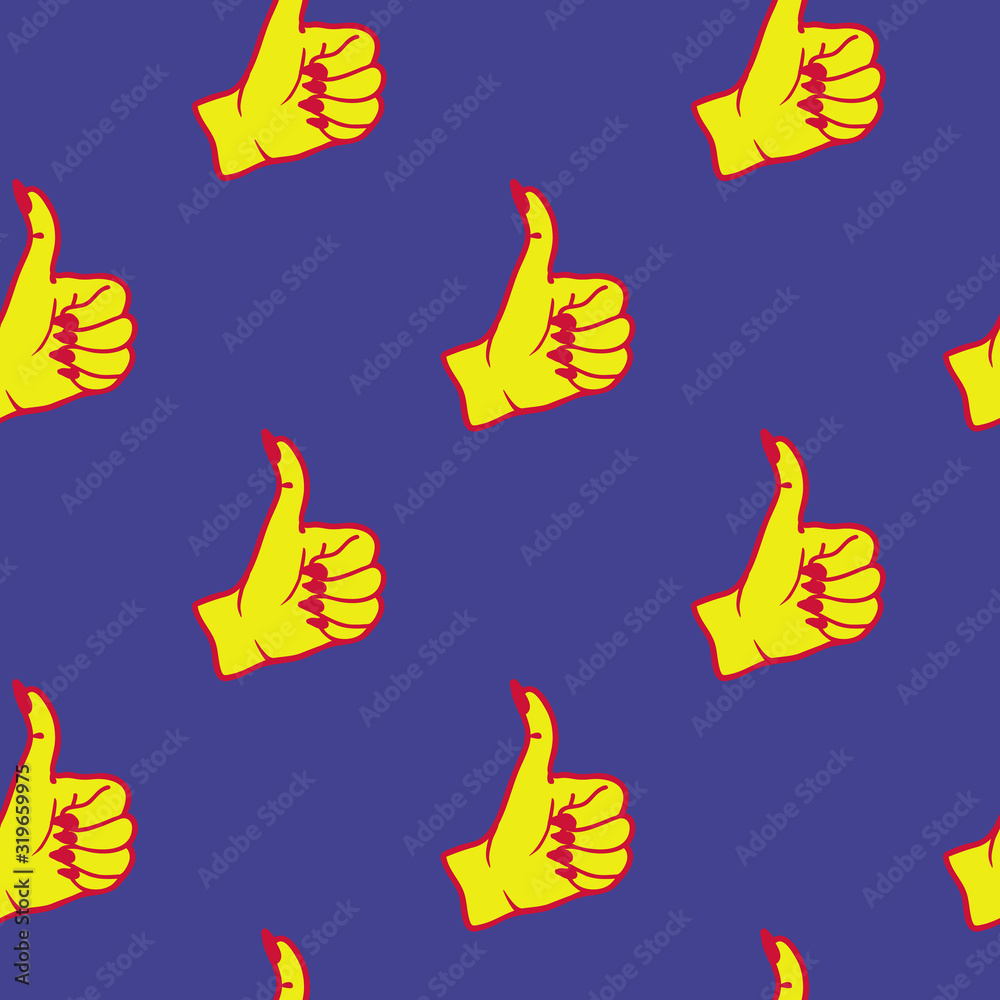 Thumbs up hand symbol seamless pattern. Blue background. Cute ...