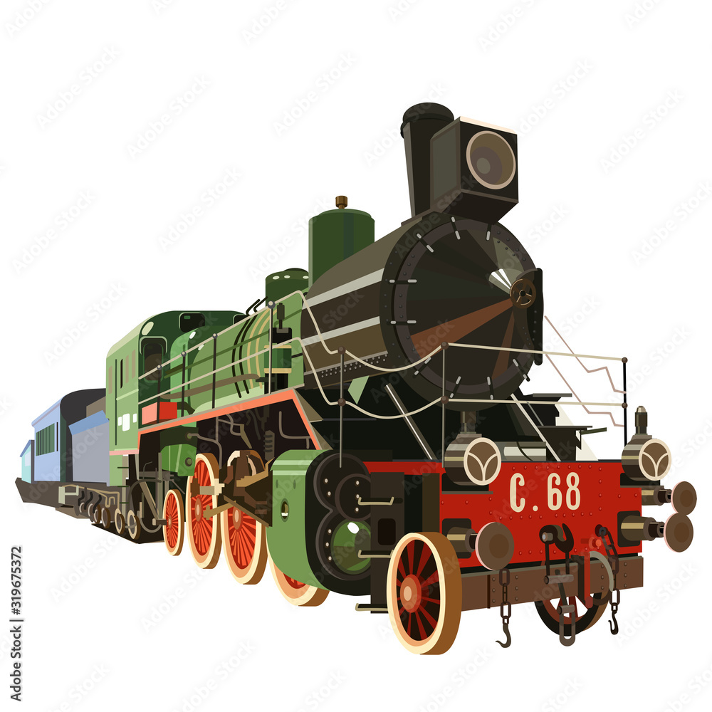 Vintage steam locomotive, steam train. Vector graphics. Museum piece ...