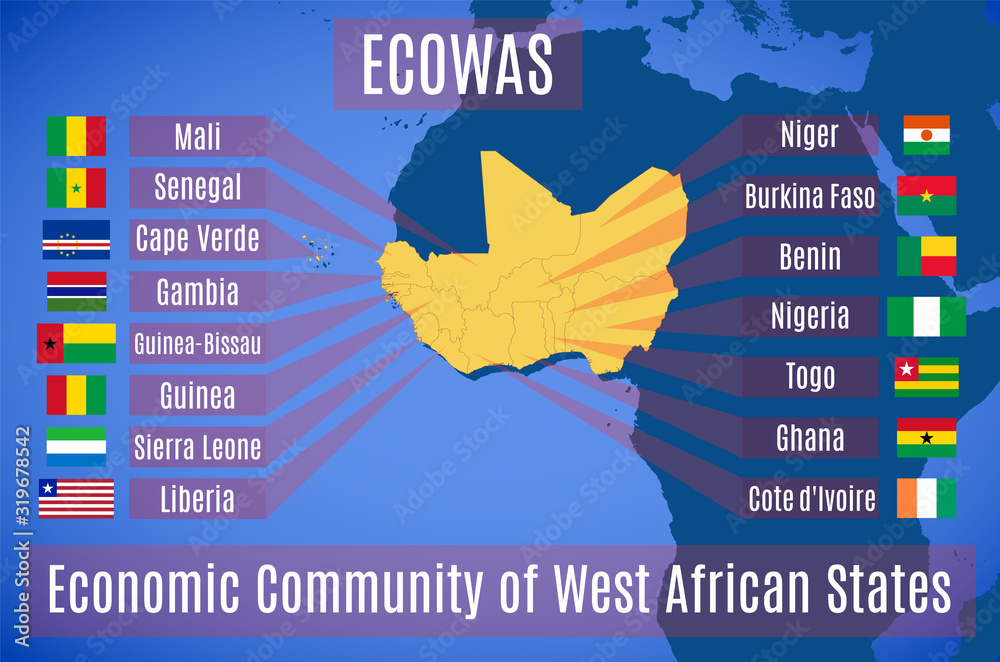 Map and flag of the Economic Community of West African States (ECOWAS ...