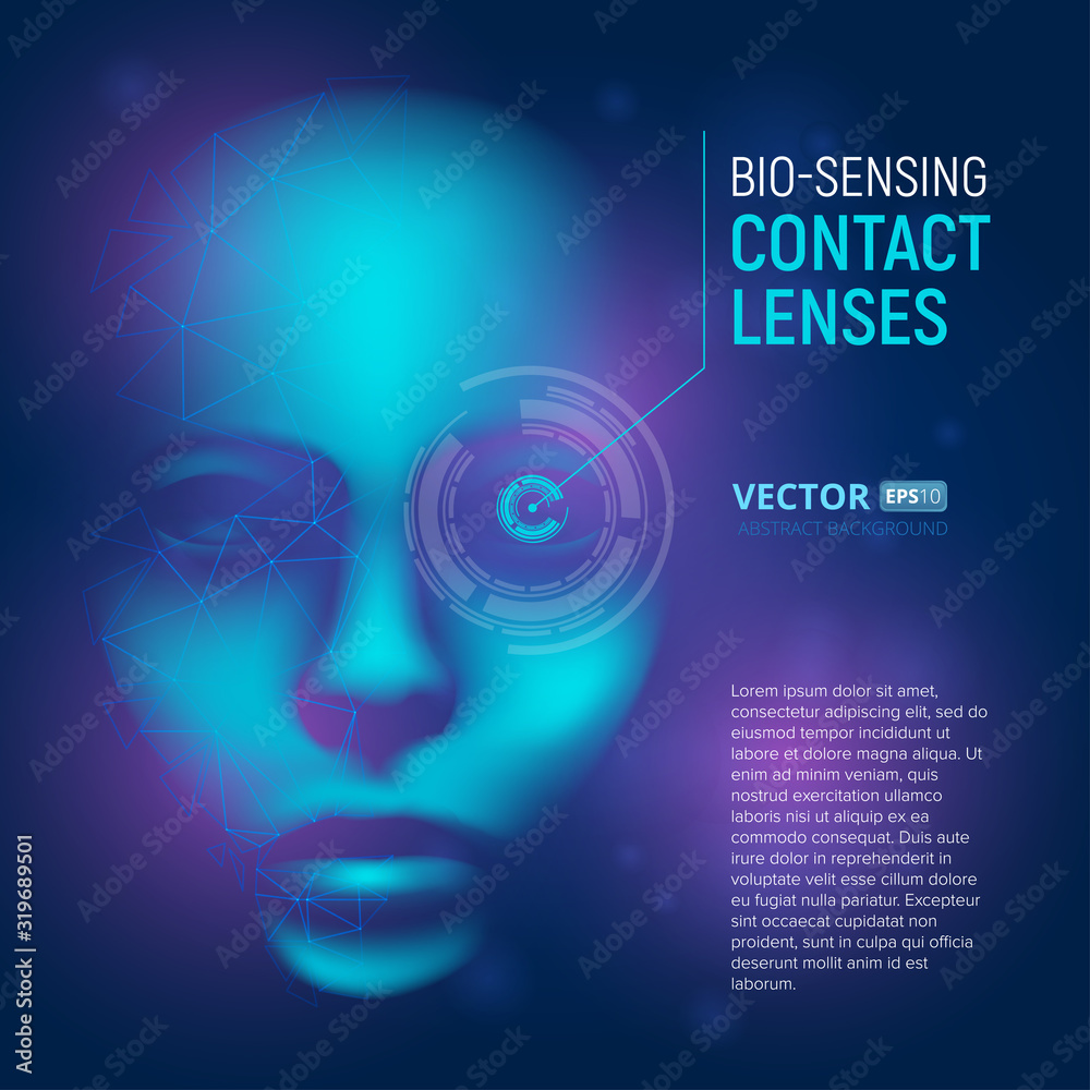 Vetor de Bio-sensing contact lenses in realistic cyber mind face with polygonal shapes. Virtual ...