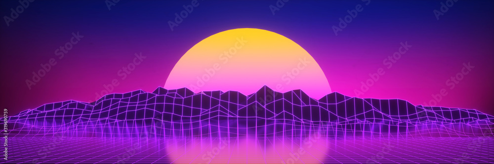 80er Jahre Synthwave Retro Neon Landschaft Stock Illustration | Adobe Stock