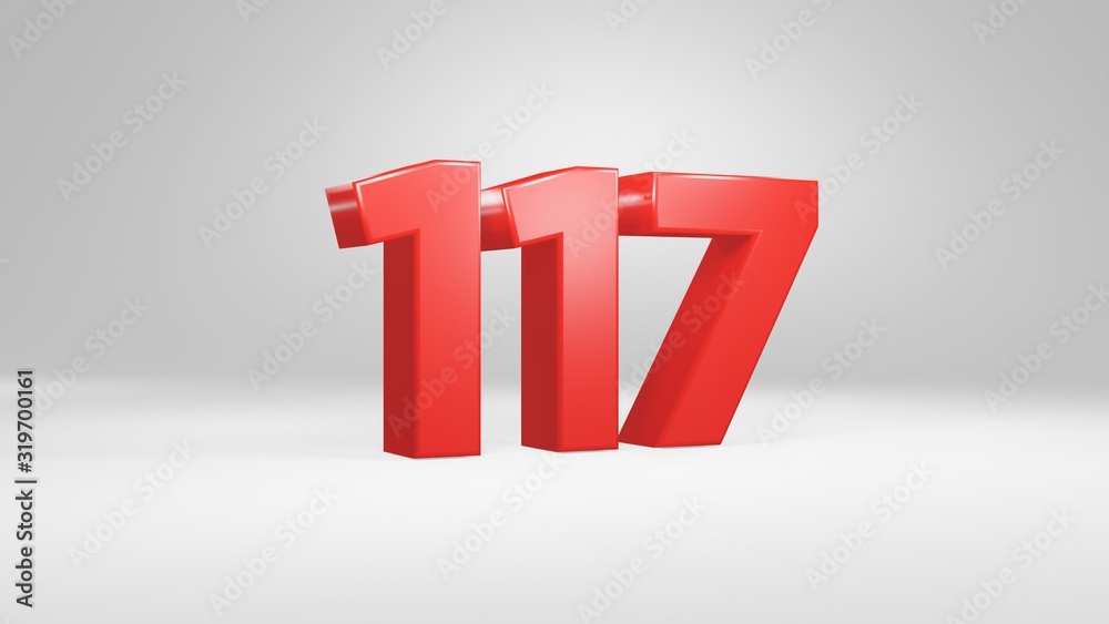 Number 117 in red on white background, isolated glossy number 3d render ...