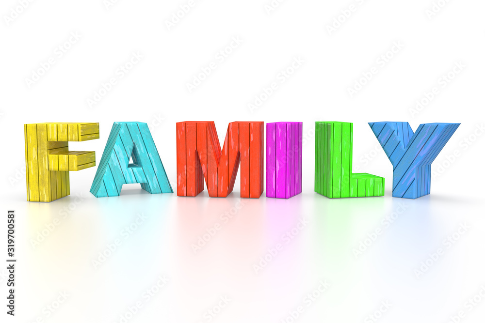 3D render wood, word Family on white background , colorful yellow, blue ...