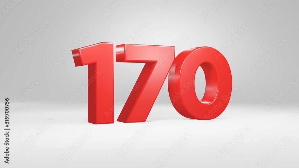 Number 170 in red on white background, isolated glossy number 3d render ...