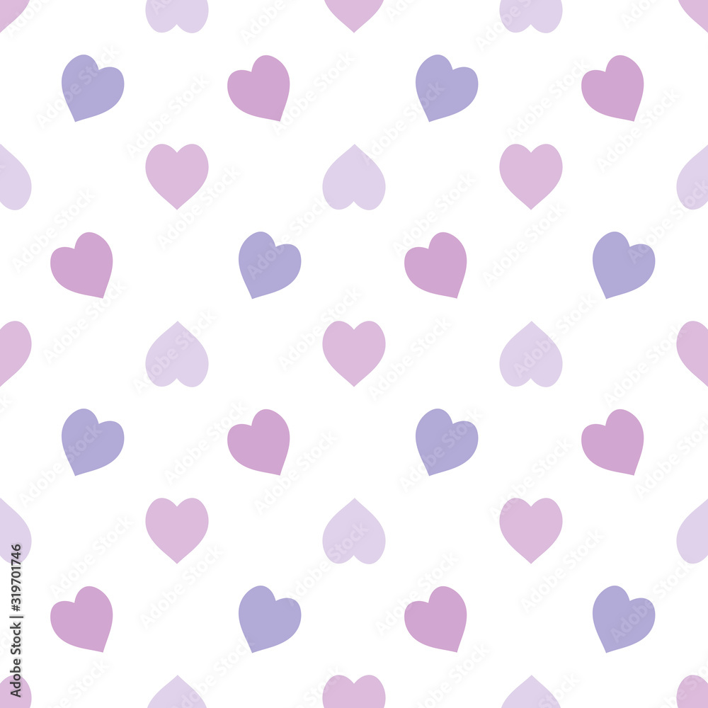 Seamless pattern in simple pastel violet and purple hearts on white ...