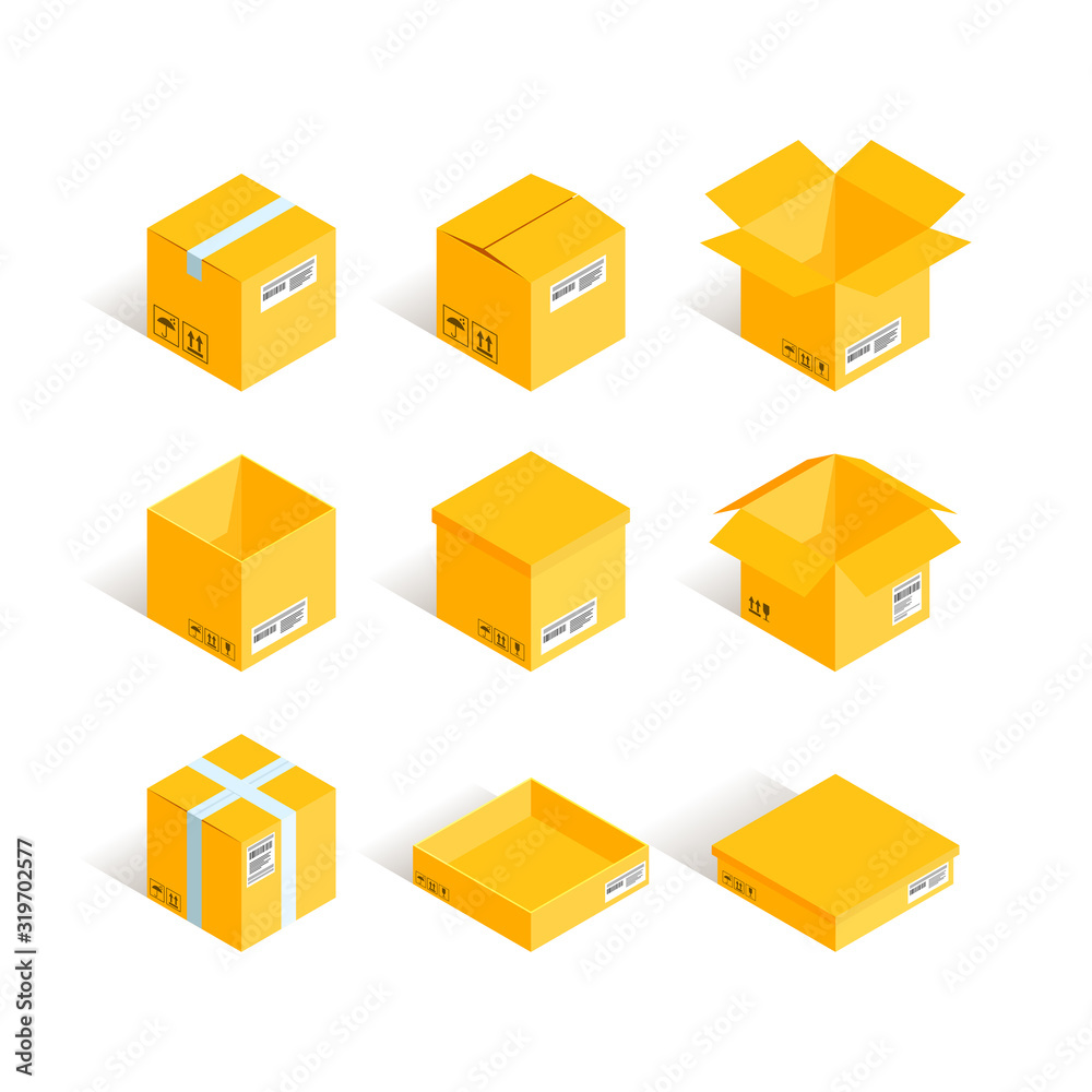 Isometric yellow delivery box set isolated on white background. 3d ...