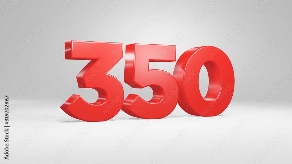 Number 350 in red on white background, isolated glossy number 3d render ...