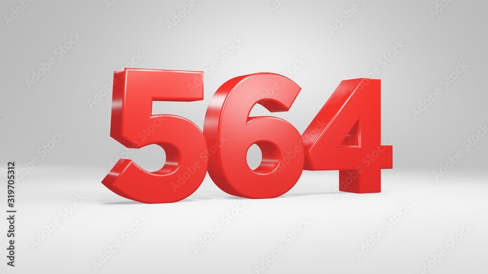 Number 564 in red on white background, isolated glossy number 3d render ...