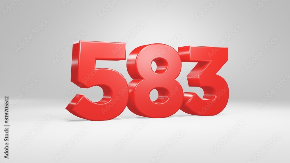 Number 583 in red on white background, isolated glossy number 3d render ...