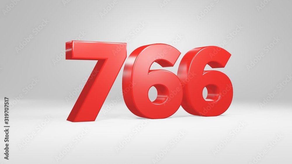 Number 766 in red on white background, isolated glossy number 3d render ...