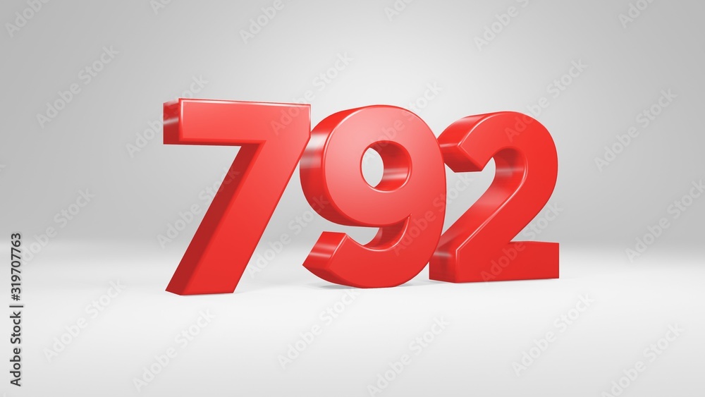 Number 792 in red on white background, isolated glossy number 3d render ...
