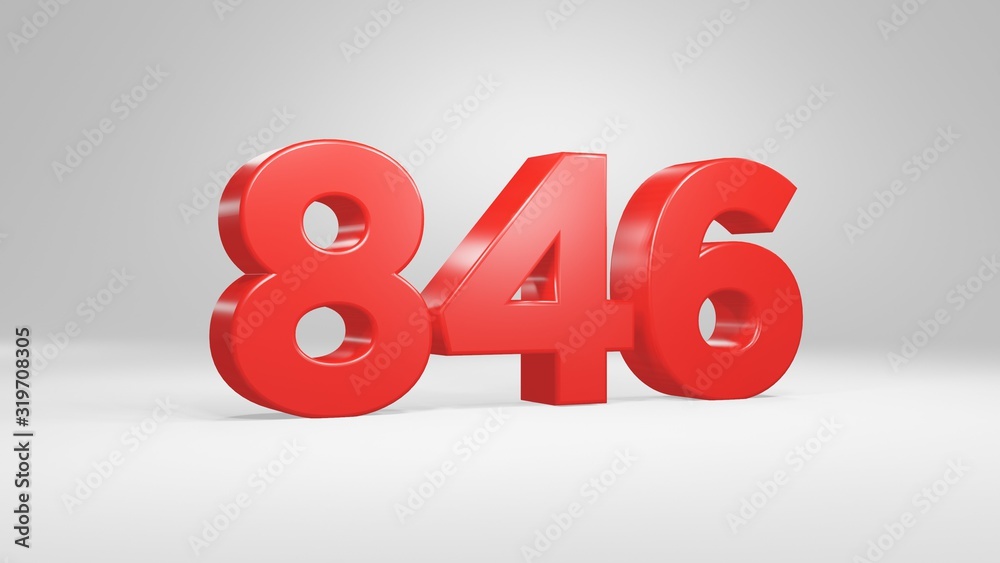 Number 846 in red on white background, isolated glossy number 3d render ...