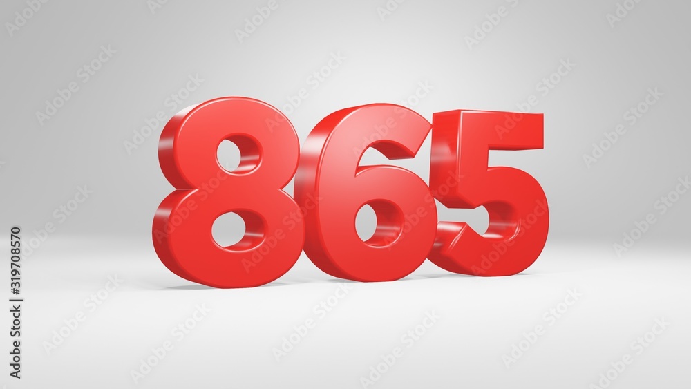 Number 865 in red on white background, isolated glossy number 3d render ...