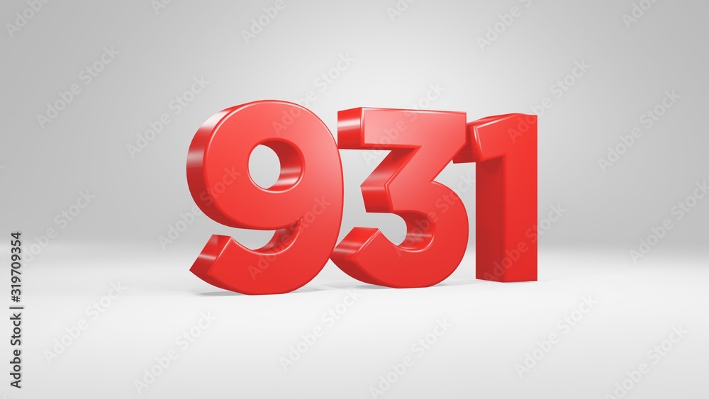 Number 931 in red on white background, isolated glossy number 3d render ...