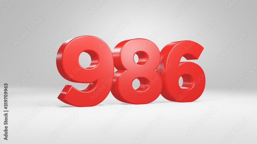 Number 986 in red on white background, isolated glossy number 3d render ...