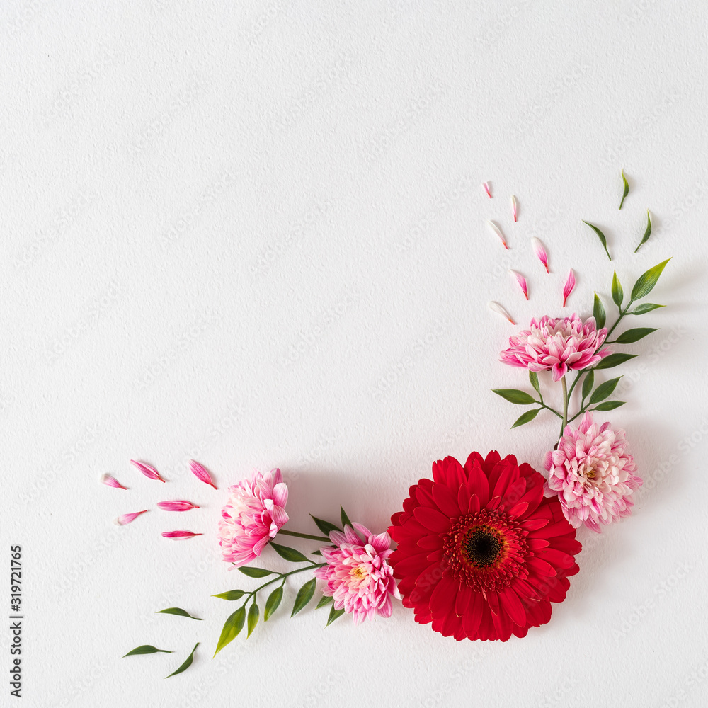 Flowers composition. Creative layout made of pink and white flowers and ...