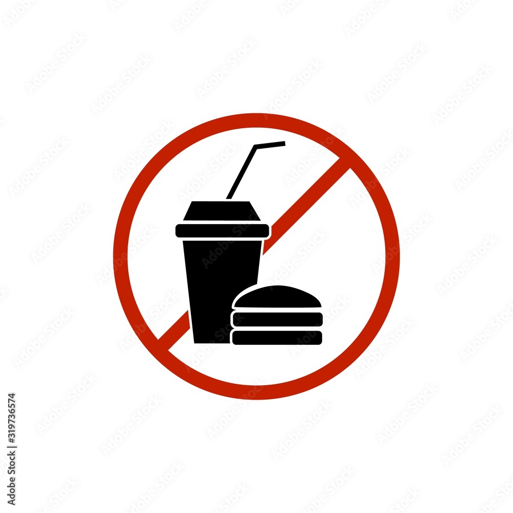 No food and drink. Silhouette hamburger and cup in red circle. Sign no ...